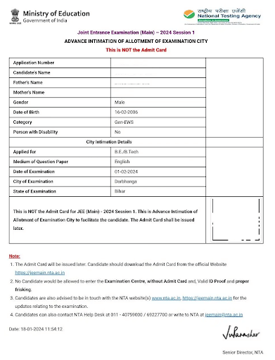 NTA JEE Mains City Intimation Slip 2024 Session 2 (OUT), Release Date, How to Download, City ...