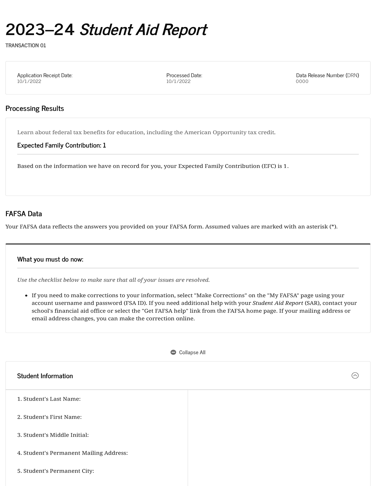 Student Aid Report (SAR) After FAFSA