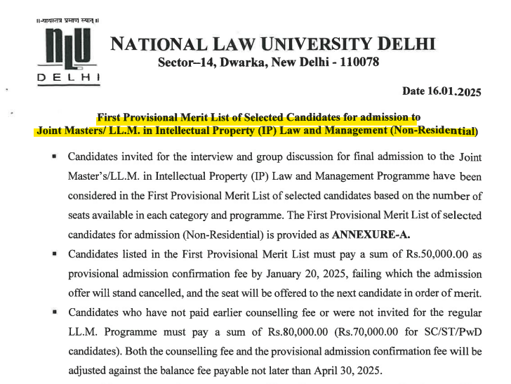 AILET 2025: First Provisional Merit List for Joint Masters/ LL.M. in IP Law and Management (Non ...