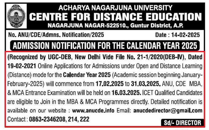 ANU CDE Admission 2025 Open; Apply till March 31