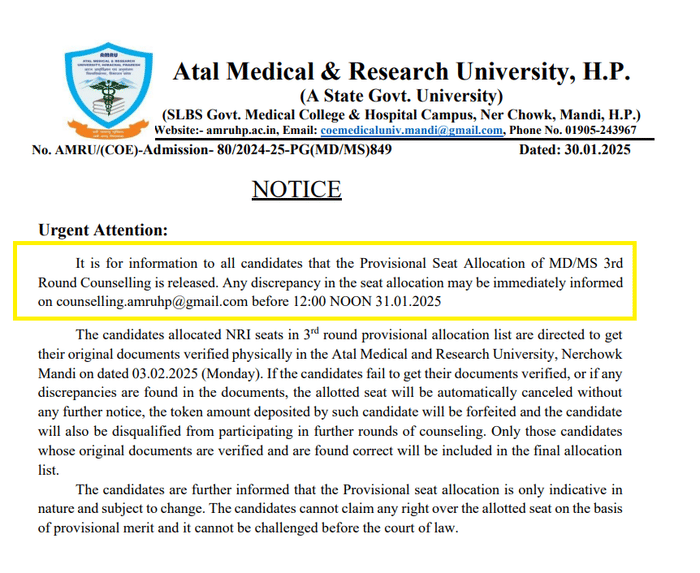 Himachal Pradesh NEET PG AYUSH Counselling 2024: Provisional 3rd Round Seat Allocation List Released