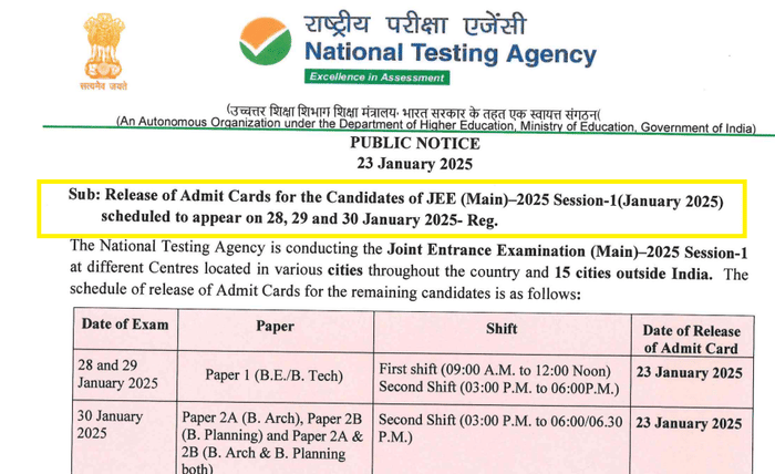 JEE Main 2025: Admit Card for January 28, 29, and 30 Exams Released