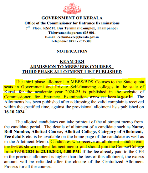 KEAM 2024: Third Phase Allotment for MBBS/BDS Courses Released, Check Details Here