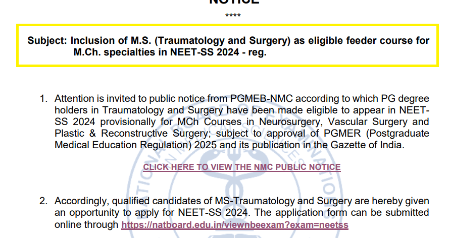 NEET-SS 2024: M.S. (Traumatology and Surgery) Included as Feeder Course ...