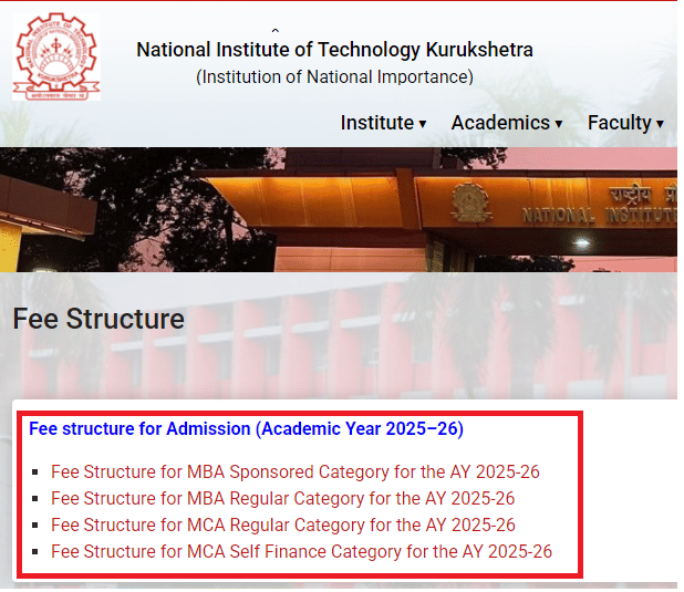 NIT Kurukshetra Fee Structure Released For MBA/MCA Programs 2025; Check ...
