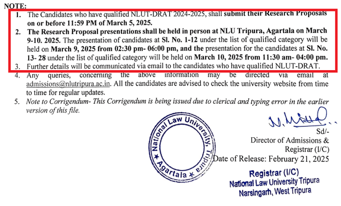 NLU Tripura Announces NLUT-DRAT 2025 PhD Admission Results; Check Merit ...