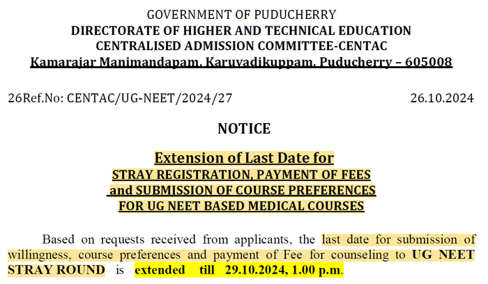 CENTAC 2024: Stray Vacancy Round Registration Date Extended Till Oct 29