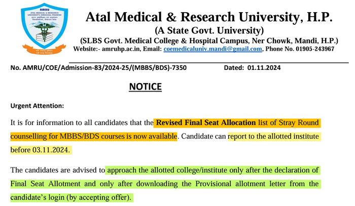 Himachal Pradesh NEET UG Counselling 2024: Revised Final Seat ...