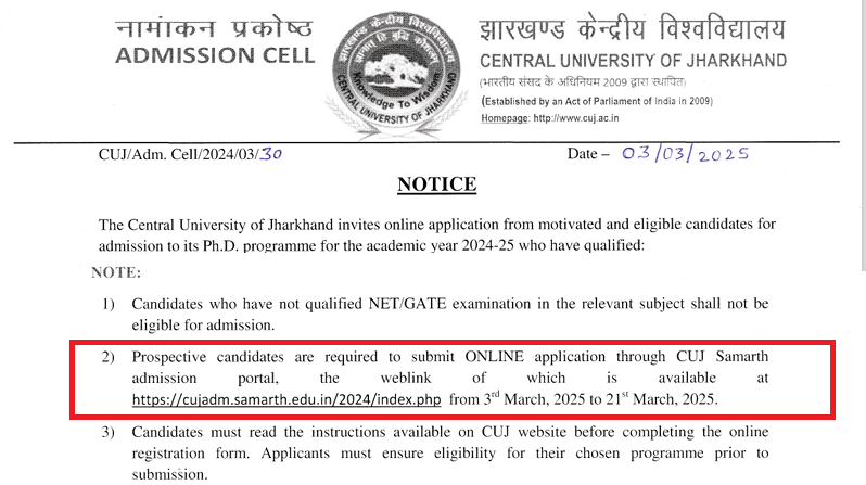 CUJ Admission Open For PhD Program 2025; Check Details Here