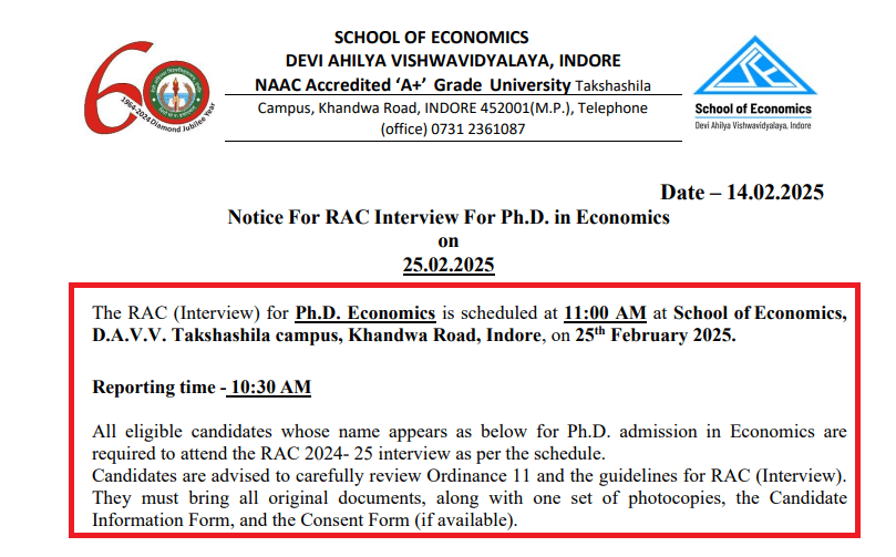 DAVV RAC Interview Date Released For PhD Economics; Check Details Inside