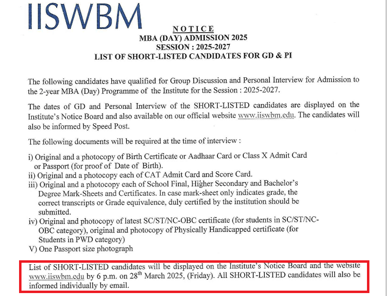 IISWBM Releases GDPI List For MBA Admission 2025; Check Details Here