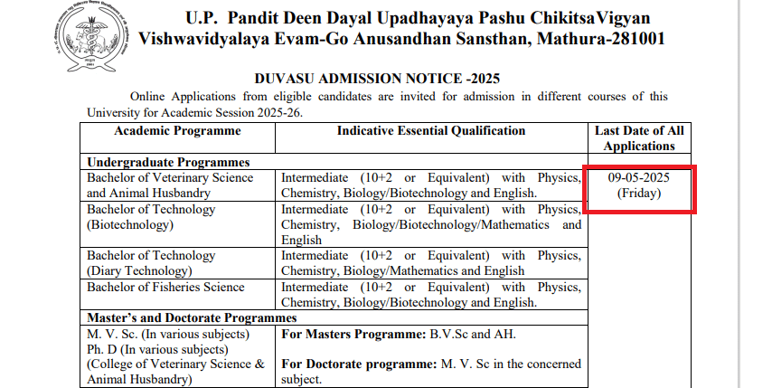 DUVASU Admission Open For UG And PG Programs 2025; Apply Till May 9