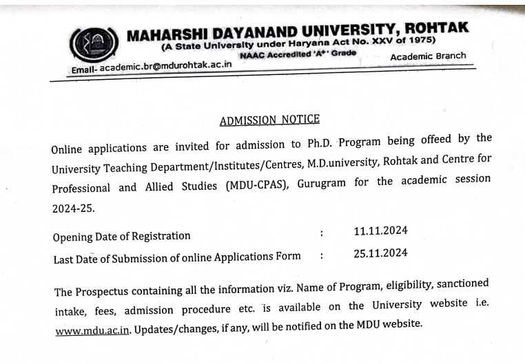 MDU Admission Open For PhD Program 2024-25, Apply Now