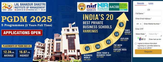 Lal Bahadur Shastri Institute of Management PGDM Admission 2025 Open; Apply till Dec 15