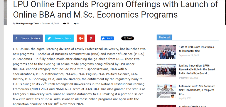LPU Introduces Online BBA, M.Sc. Economics Check Eligibility & Details