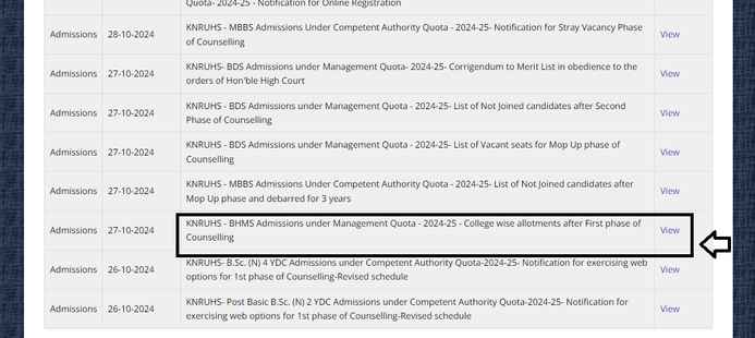KNRUHS BHMS Phase 1 Merit List Released, Check Details