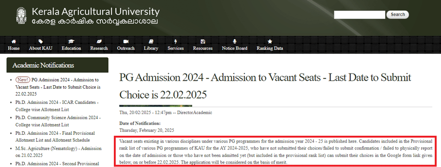 KAU Admission Open For PG Vacant Seats 2025; Apply Before Feb 22