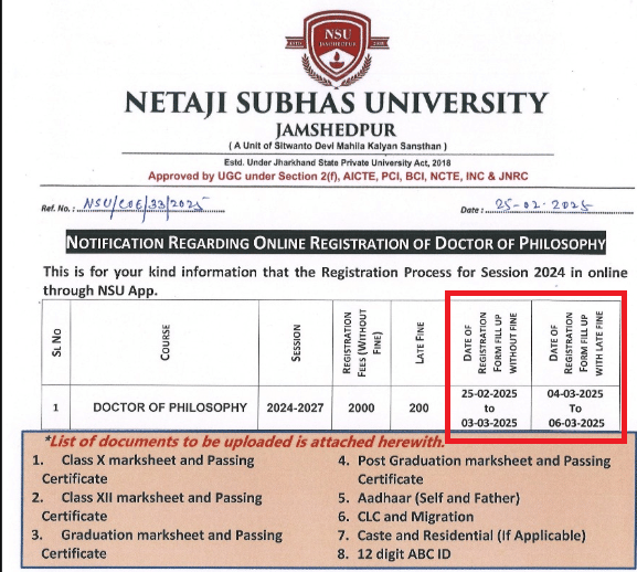 NSU Jamshedpur Admission Open For PhD Program 2025; Apply Till March 3