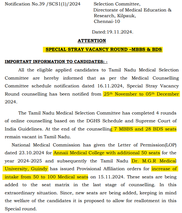 Tamil Nadu NEET UG Counselling 2024: Special Stray Vacancy Round for MBBS & BDS Announced