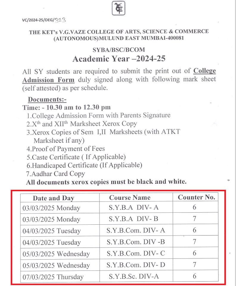 VG Vaze College Admission Open For UG Program 2025; Check Details Here